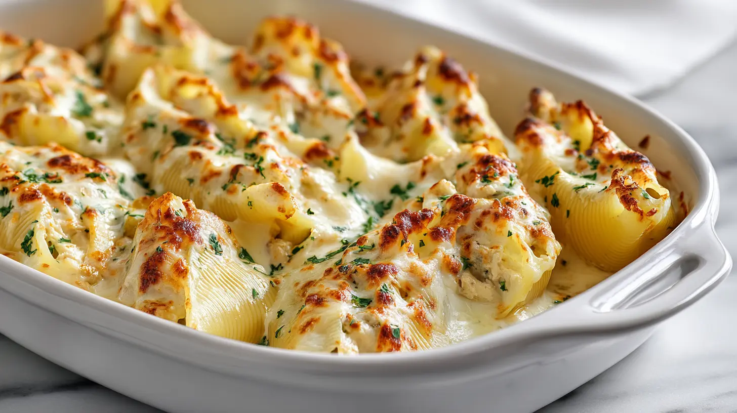 Chicken Stuffed Shells Recipe - Creamy Cheesy Pasta Bake
